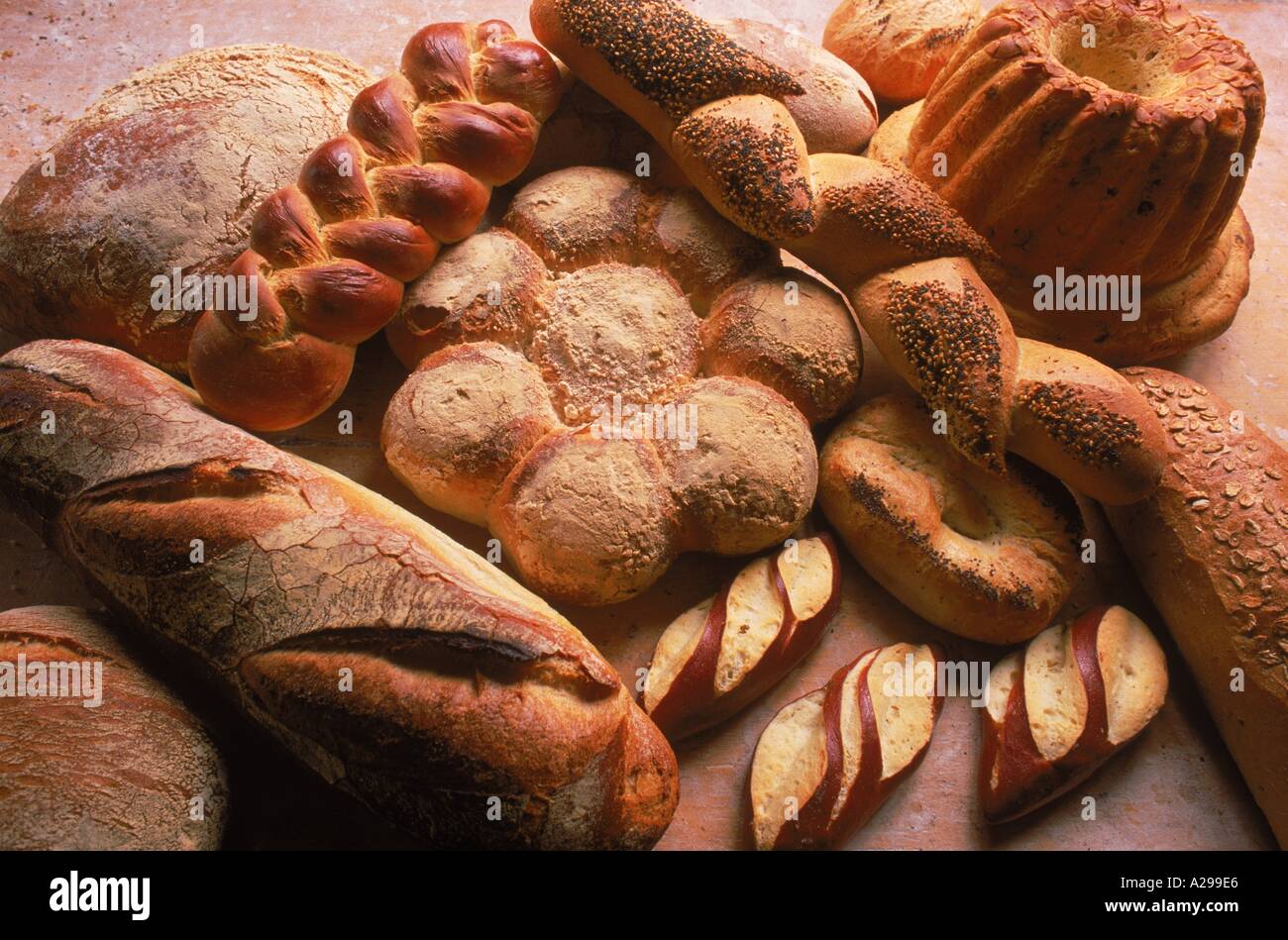 Breads including Kugelhopfs Pretzels and platted bread in Alsace France ...