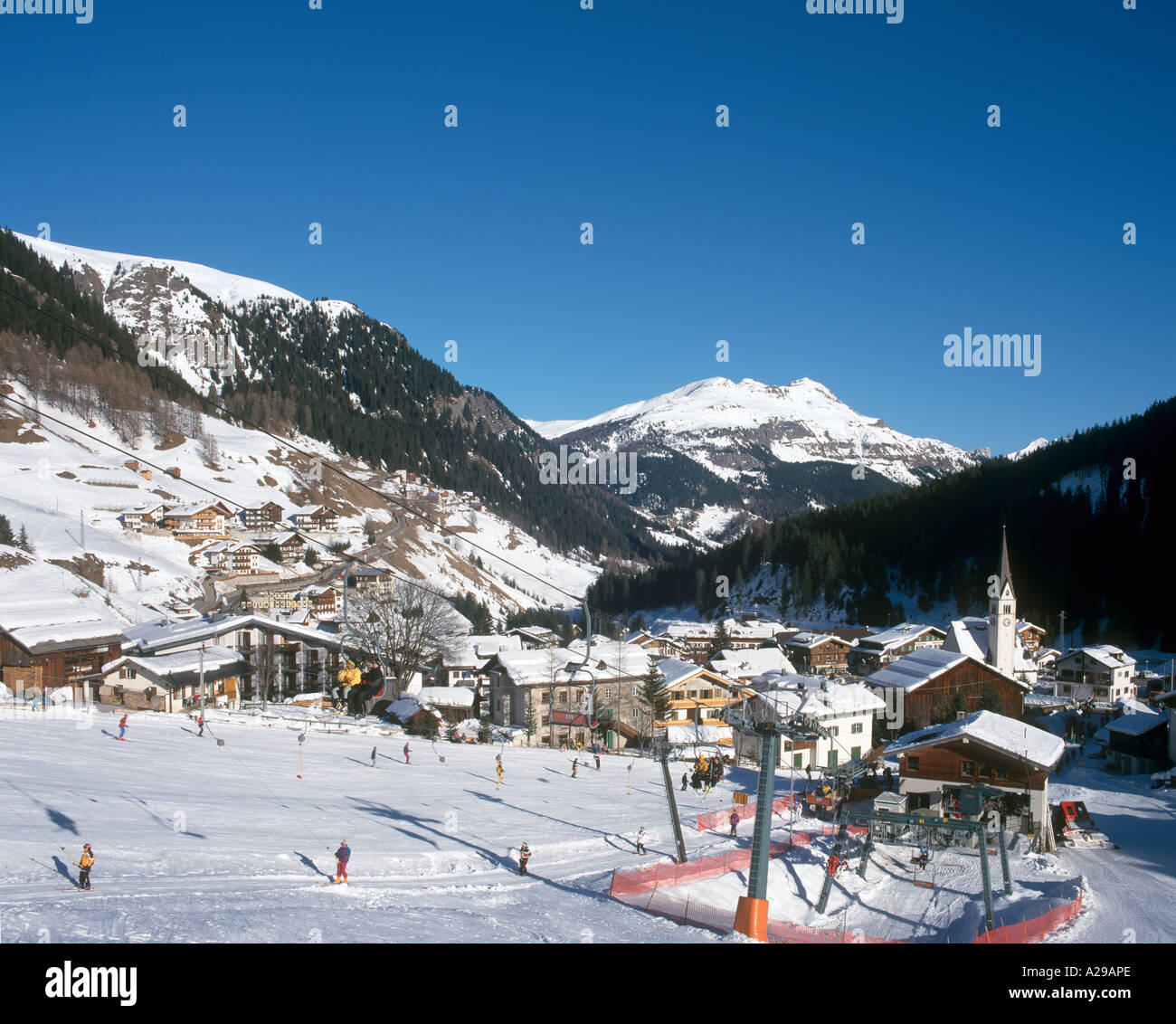View over the resort from the nursery slopes, Arabba, Dolomites ...