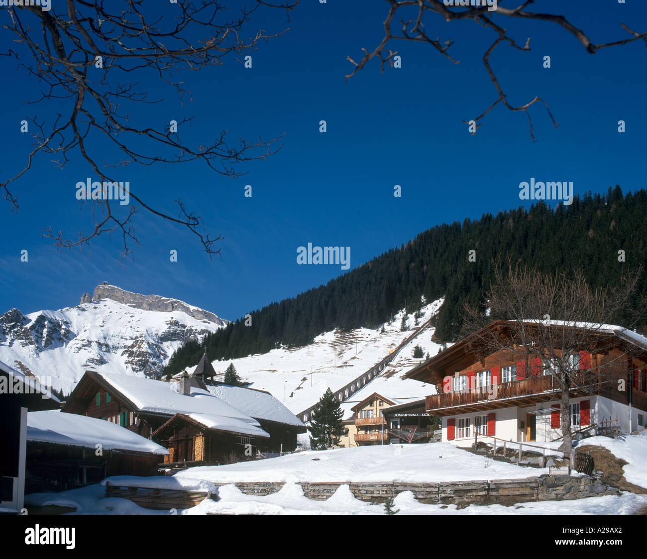 View from the resort towards the Allmendhubel Funicular Railway, Murren ...