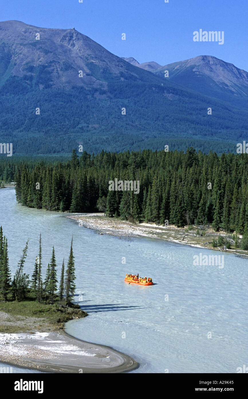 Overhead view of a raft floating down the Kootenay River in Jasper ...