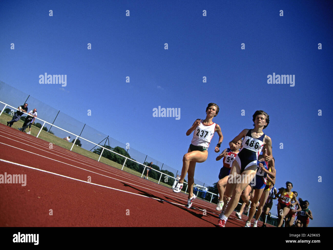 Low angled view of a group of female runners competing in a long ...