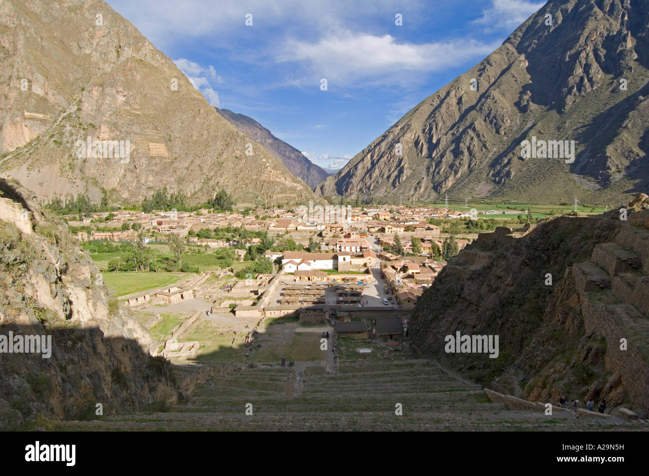 An aerial view of the terraced steps and Inca ruins in the town of ...