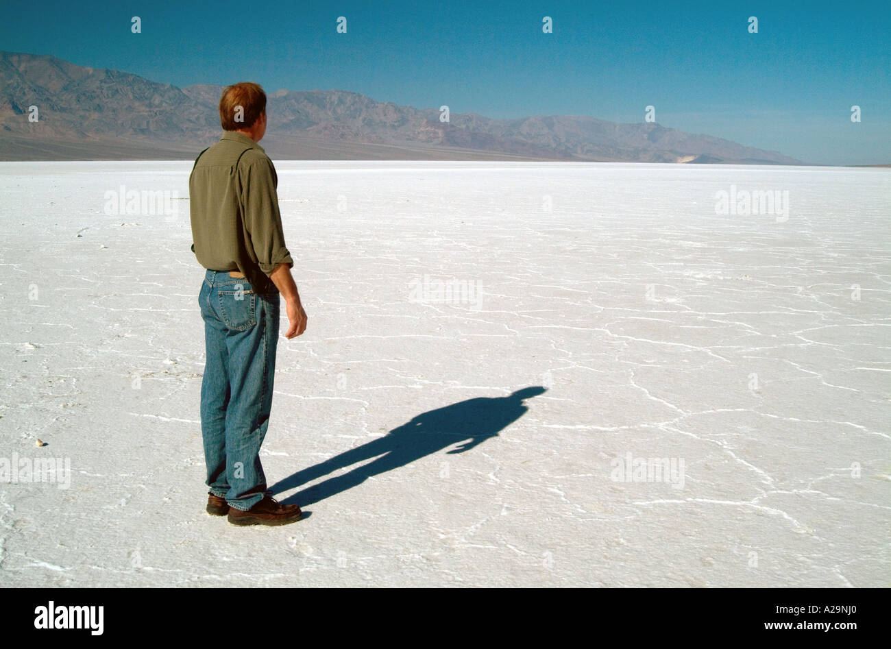 Man standing alone in Bad Water looking out over Death Valley in ...