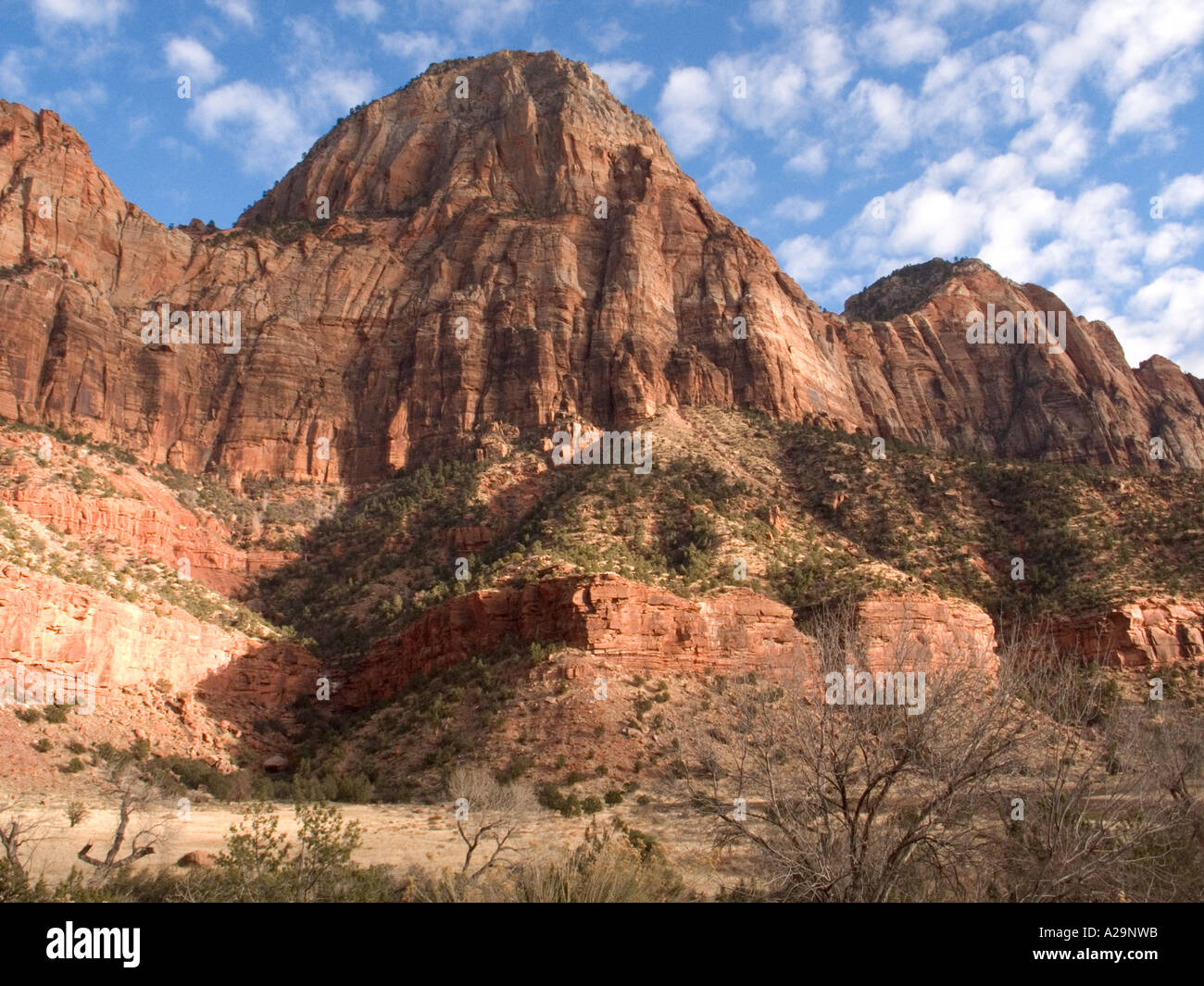 Red sandstone mountains in Zion National Park near the vistor center ...