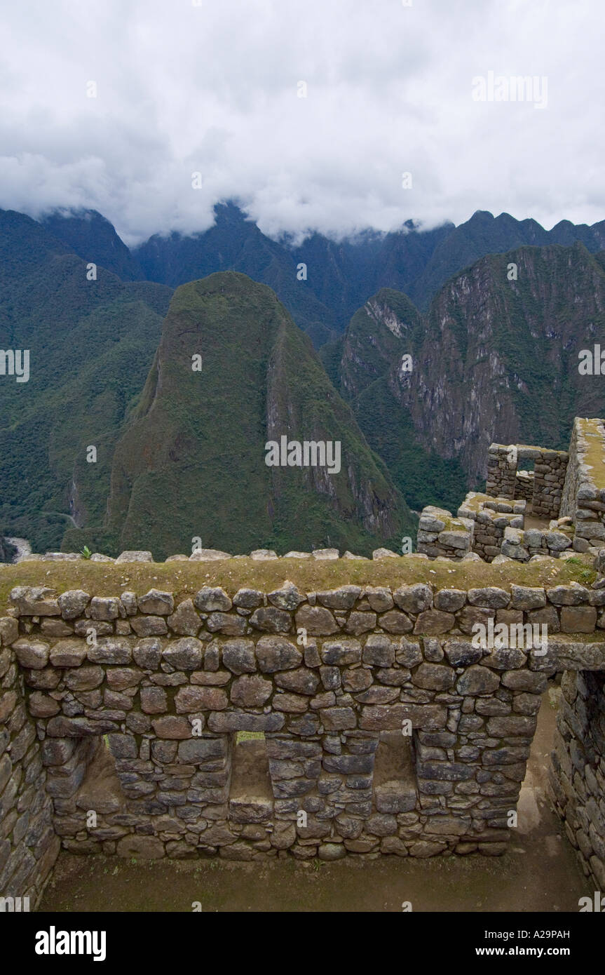A closer view of the stone work on the ancient Inca site of Machu ...