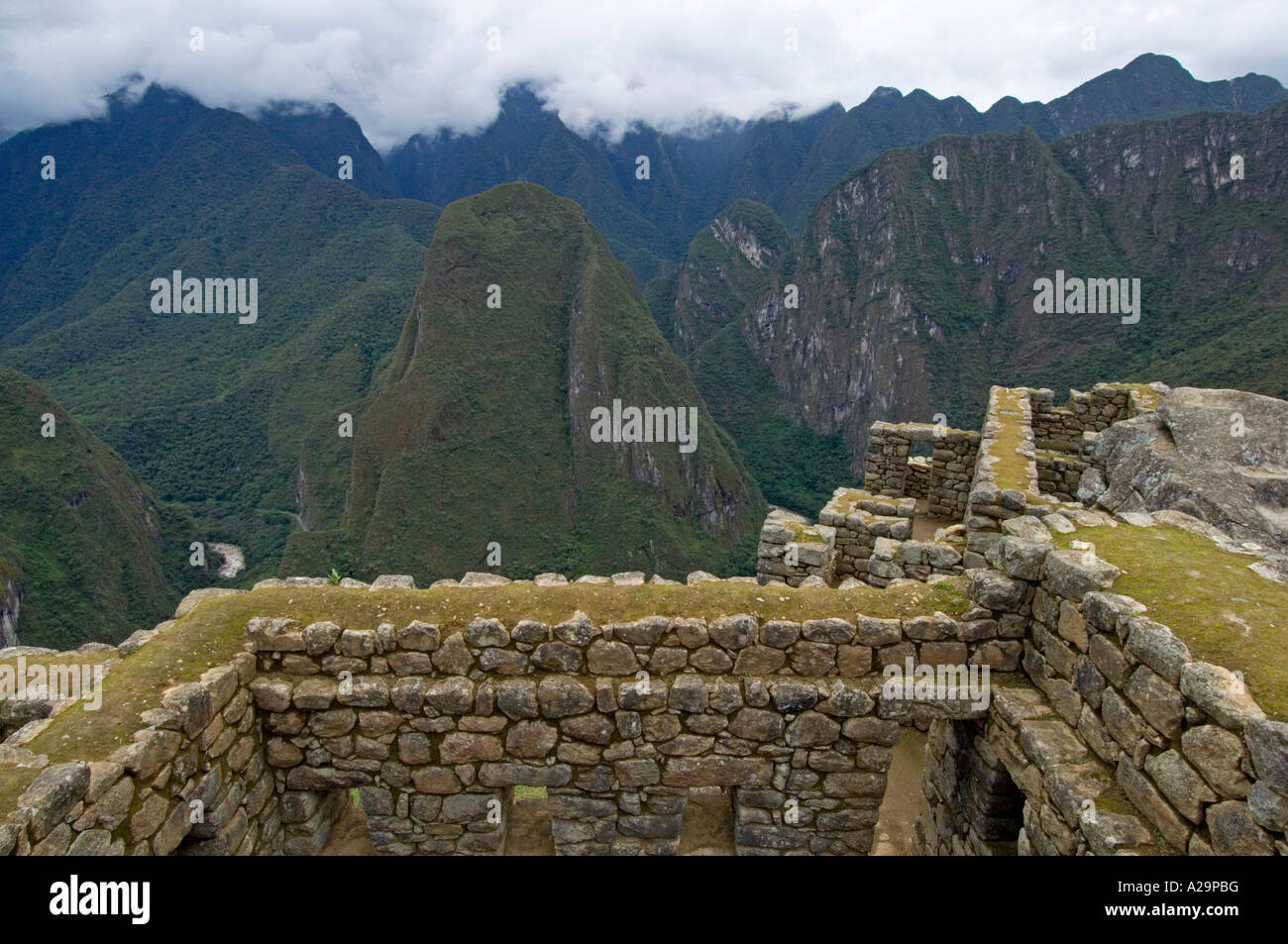 A closer view of the stone work on the ancient Inca site of Machu ...
