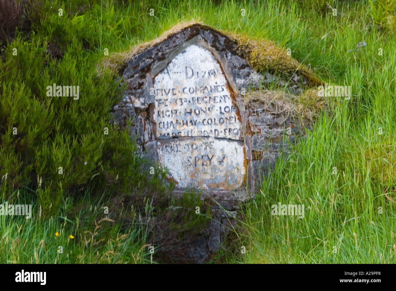1729 Old carved stone sign Tomintoul road marking completion of General ...