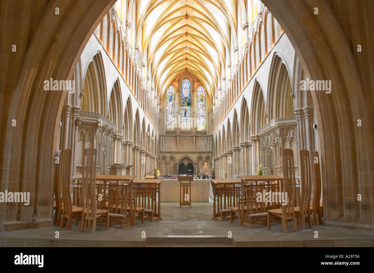 Wells Cathedral. A view of the nave from behind the high altar and ...
