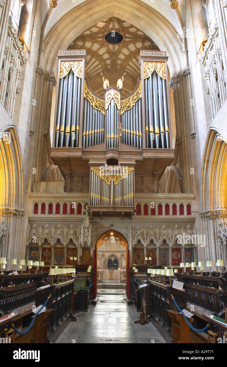 The organ and choir stalls in the quire at Wells Cathedral Stock Photo ...