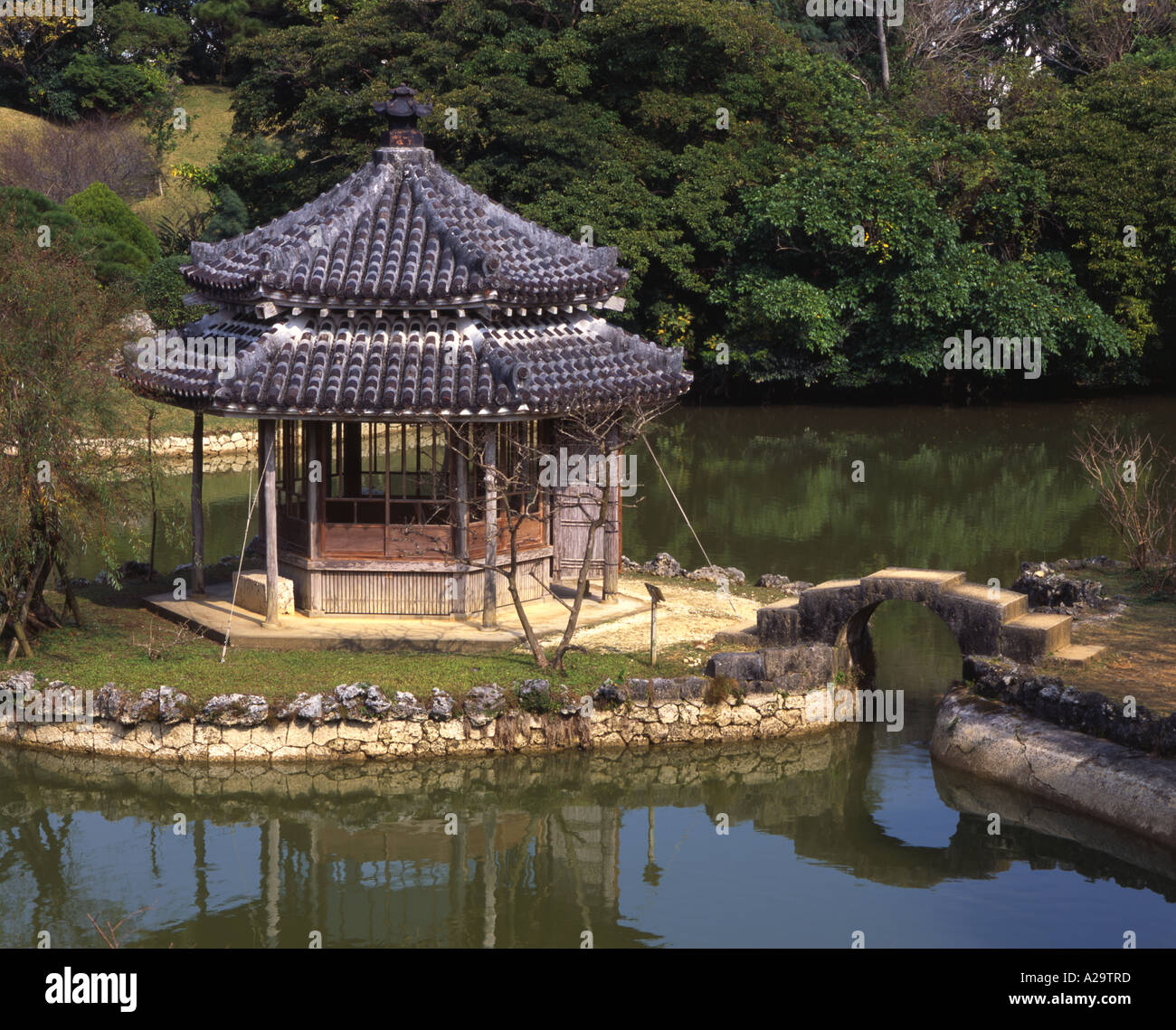 Pagoda of the royal residence at Shikinaen Garden, Okinawa Stock Photo ...