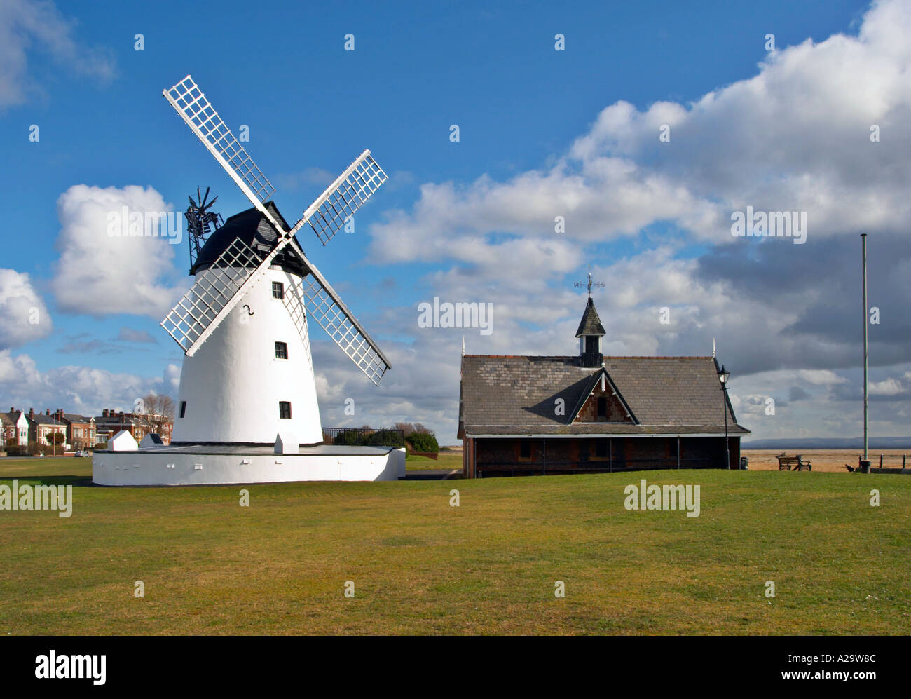 Windmill and lifeboat station on the sea-front. Lytham, Lancashire ...