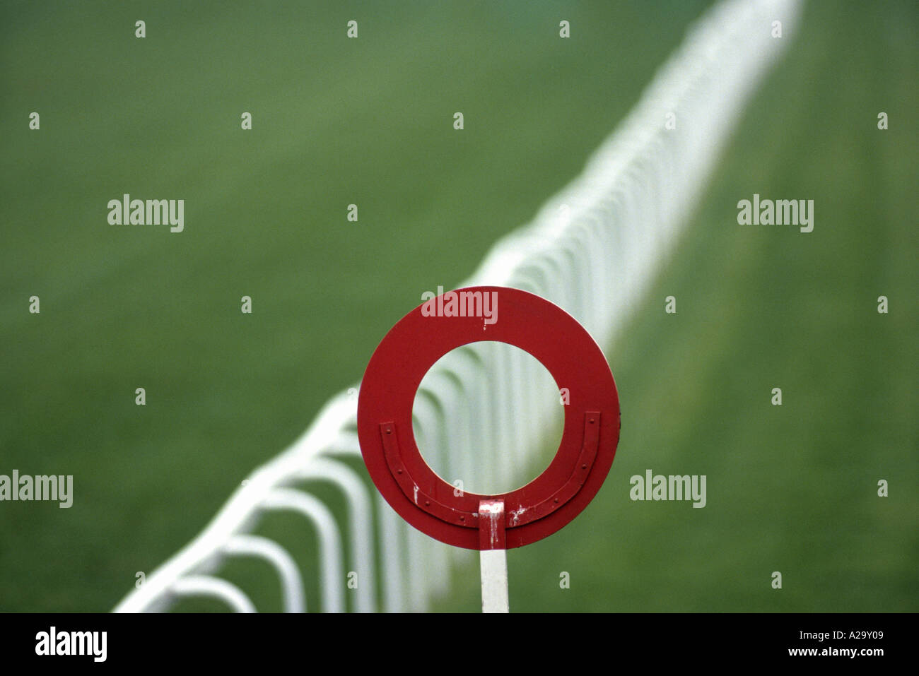 A view of the finish post at Epsom Racecourse with the running rail ...