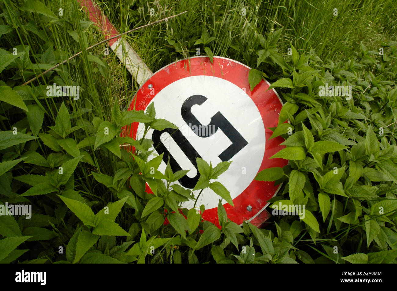 fallen down sign: 50, speed limit Stock Photo - Alamy