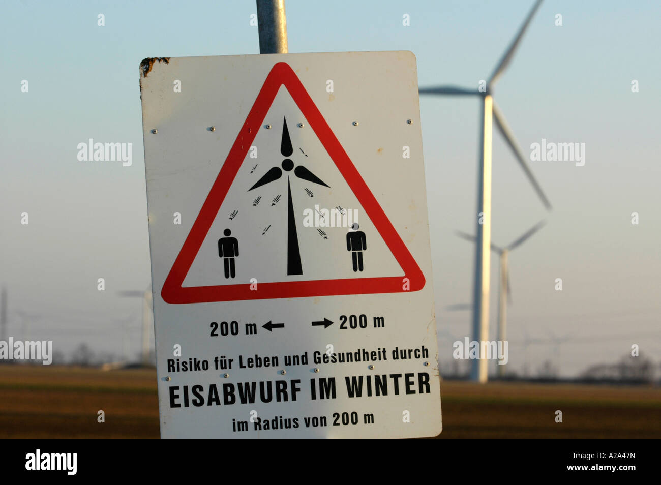 wind energy plant near Parndorf, warning sign, falling ice in winter ...