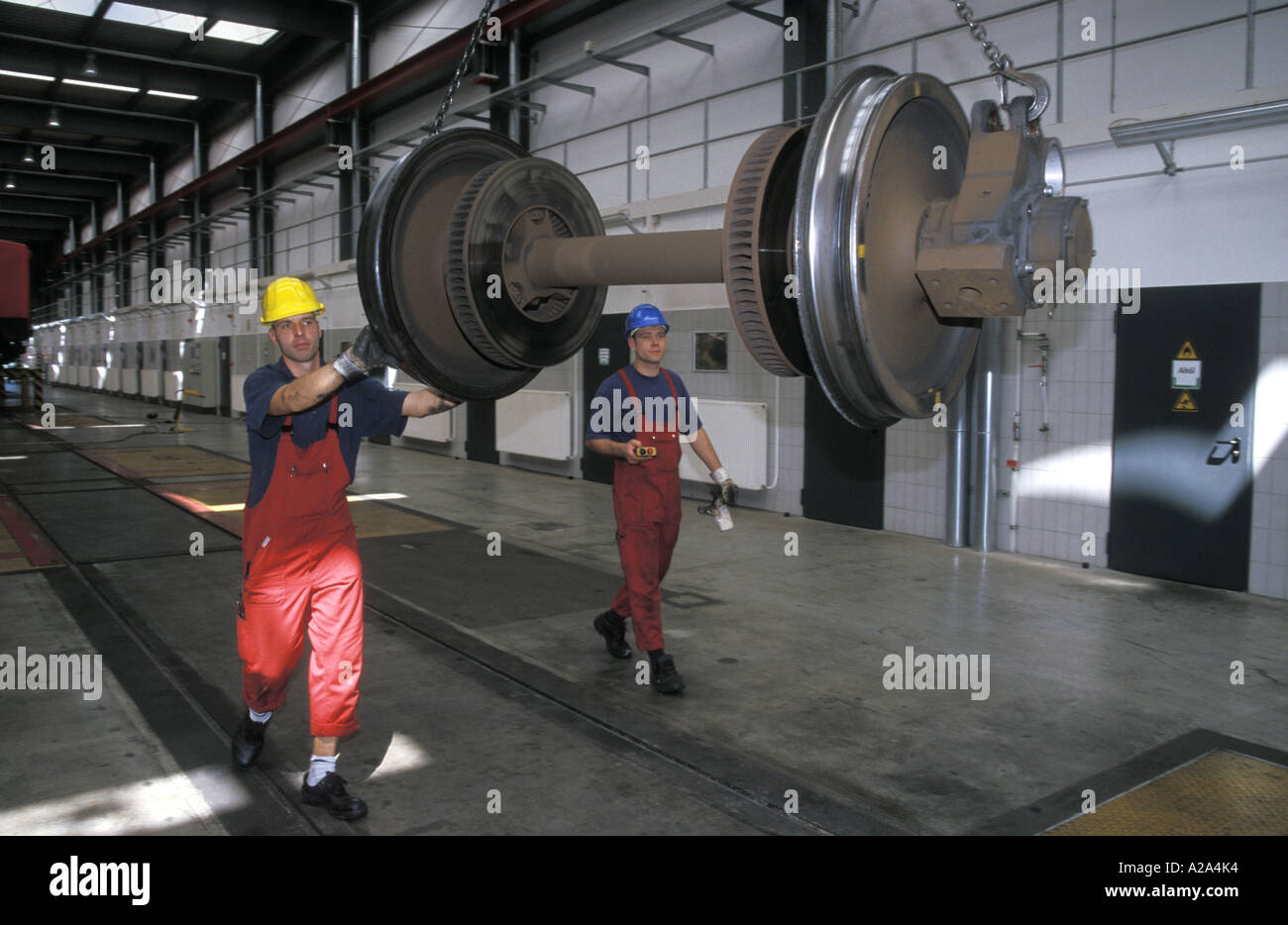 Germany Berlin workers moving a wheel set at the S Bahn s Grunau ...