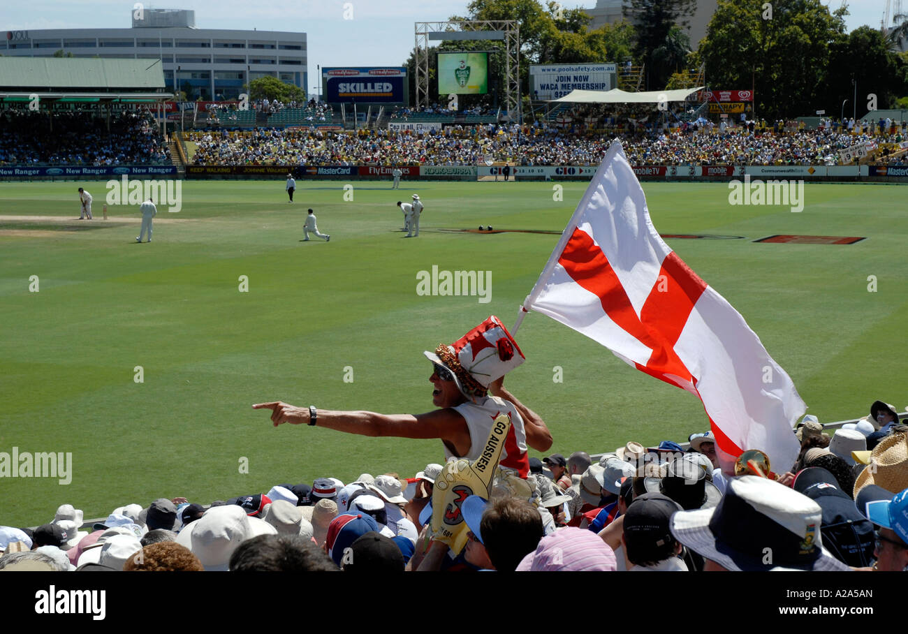member of the Barmy Army with English flag, at WACA ground, Perth ...