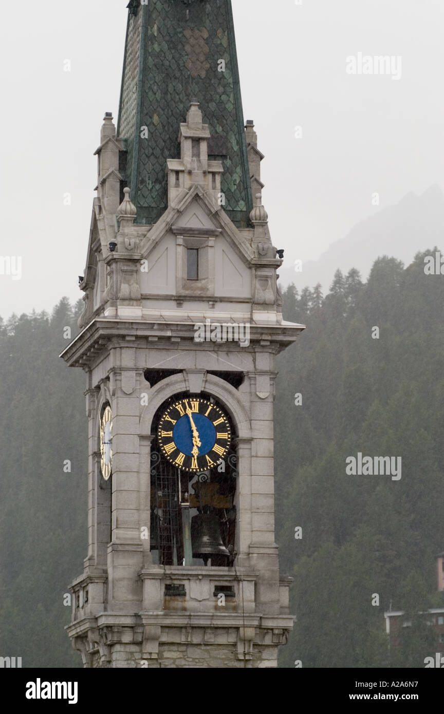 Clock on Evangelische Kirke steeple in St. Moritz, Switzerland Stock ...
