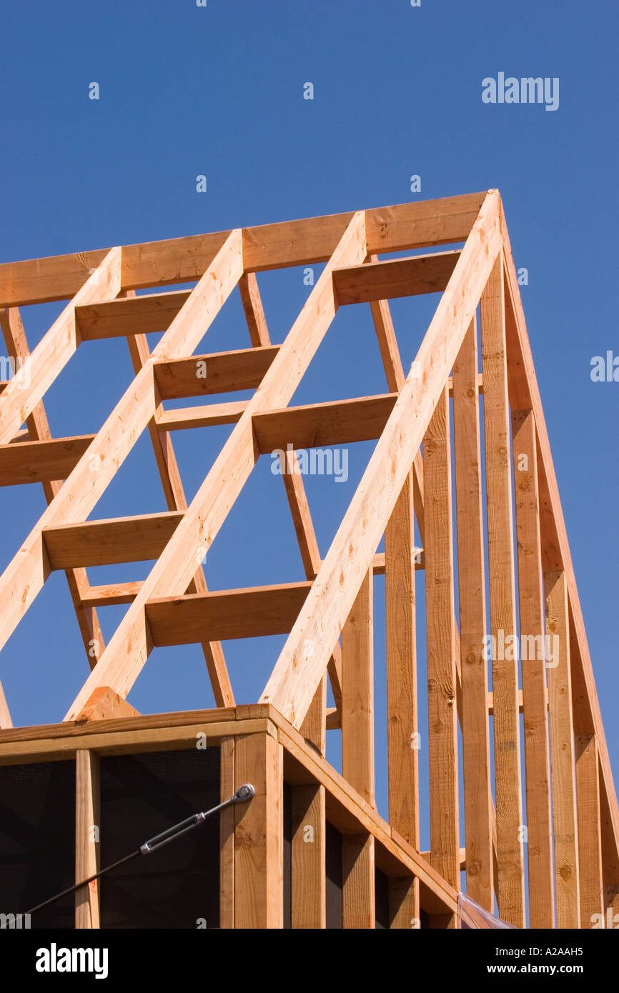 The roof joists of a small house under construction, against a clear ...