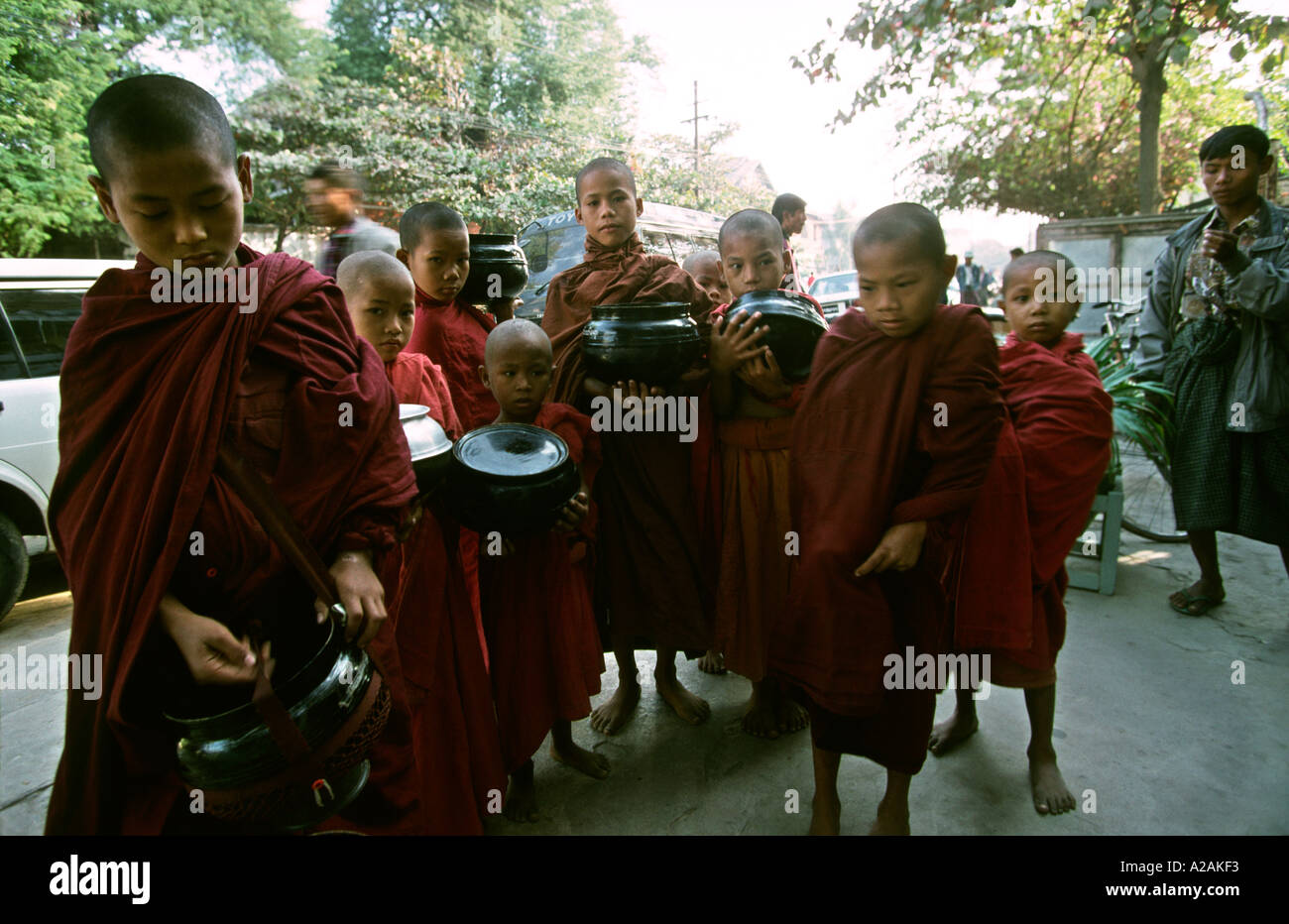 Myanmar northern Burma young buddhist monks on morning alms round Stock ...