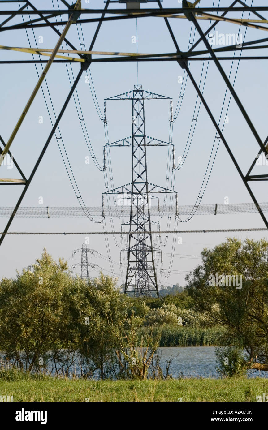 Electricity pylons near Barton lock on the River Nene Stock Photo - Alamy