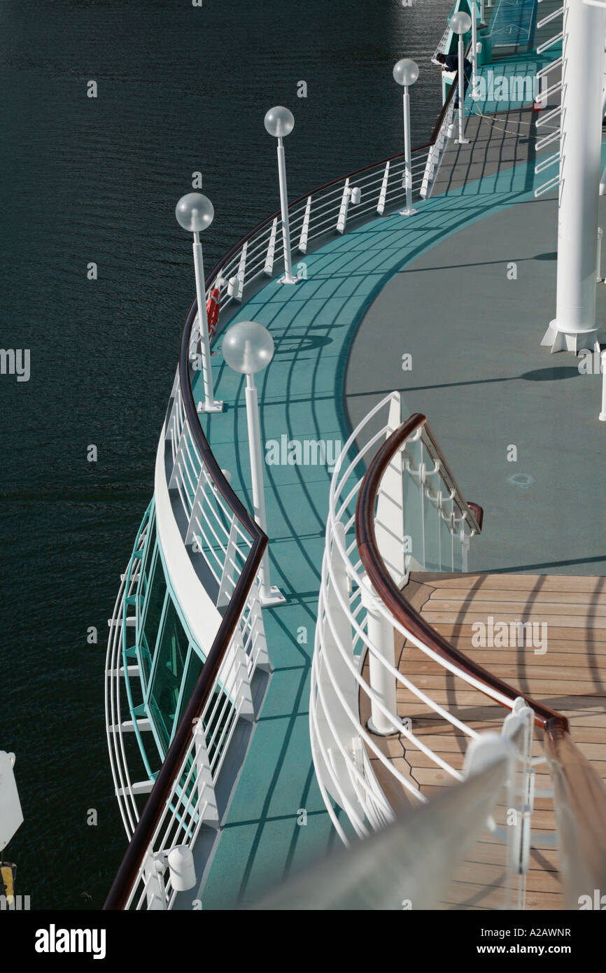 view of railings along top deck of cruise ship Stock Photo - Alamy