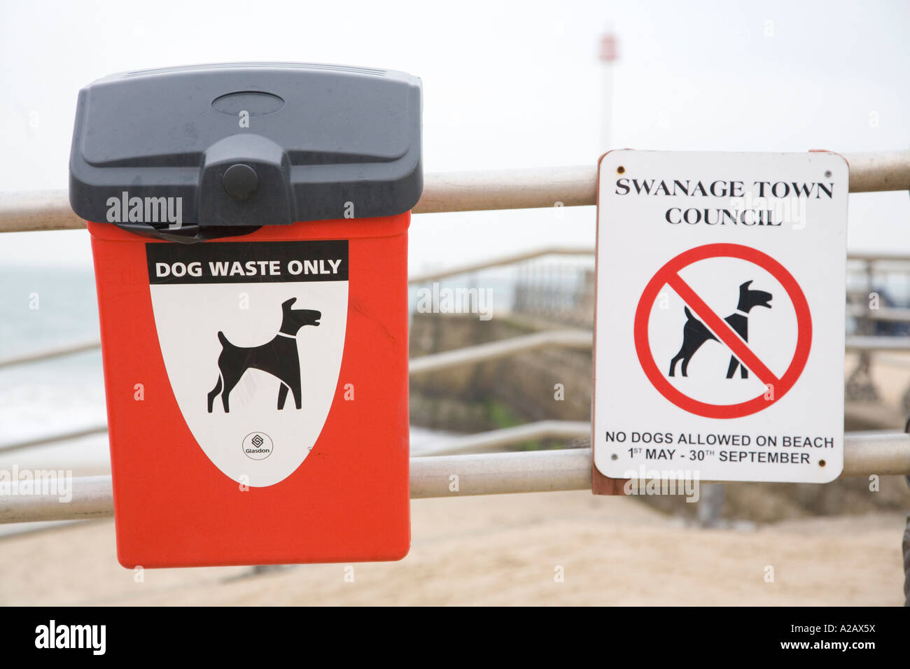 Dog waste bin and dog control sign Swanage beach Stock Photo - Alamy