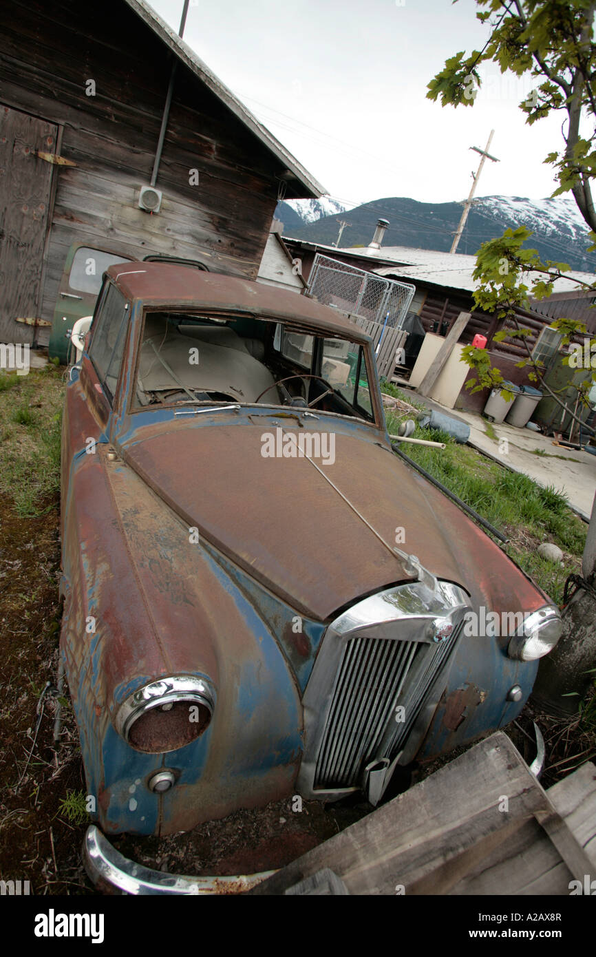 british triumph motor car rotting in Alaska Stock Photo - Alamy