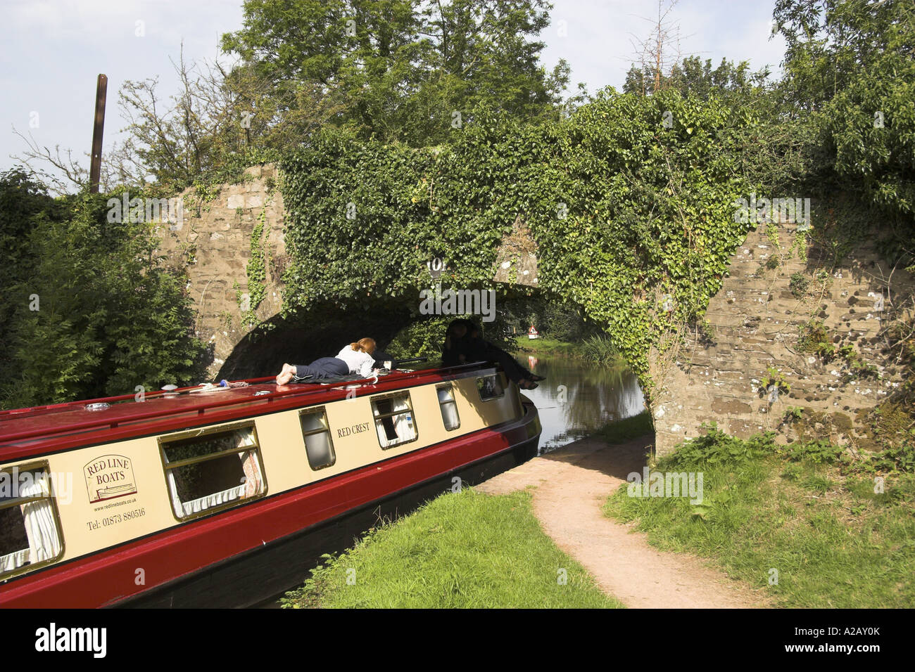 Canal boat passing under a bridge on the brecon canal Stock Photo - Alamy