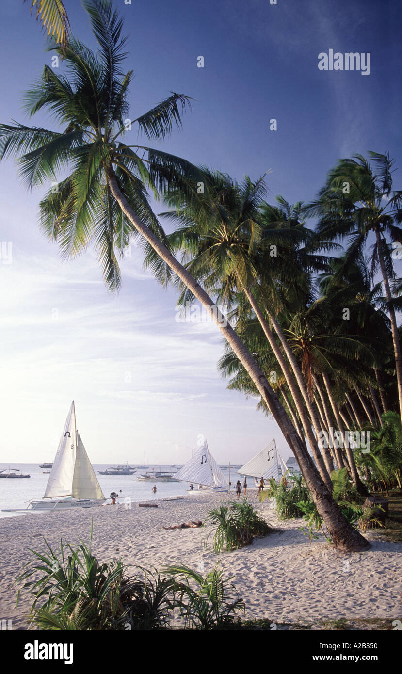 Palm trees sand at White Beach on Boracay in the Philippines Stock ...