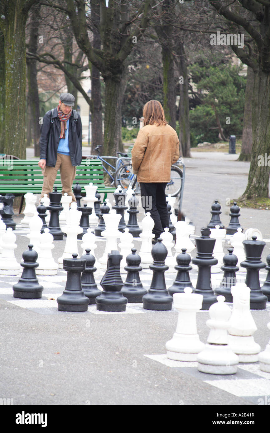Geneva Switzerland giant chess game park Parc des Bastions leisure men ...