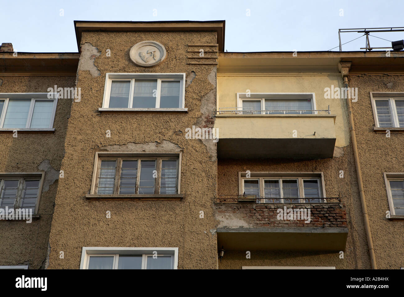 Hammer and sickle motif, communist style apartment block, Sofia ...