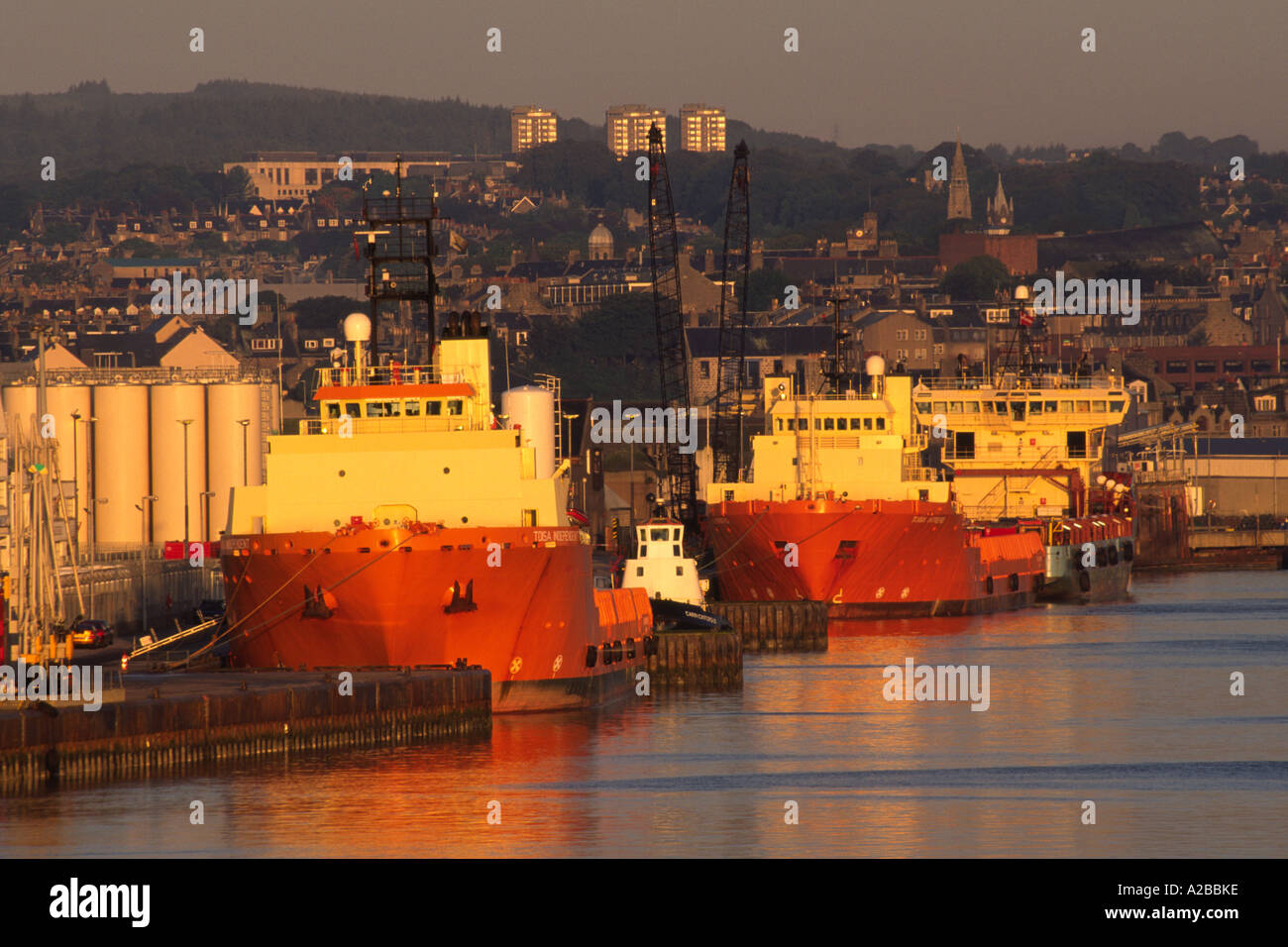 Aberdeen harbour with North Sea oil and gas industry supply vessels in ...