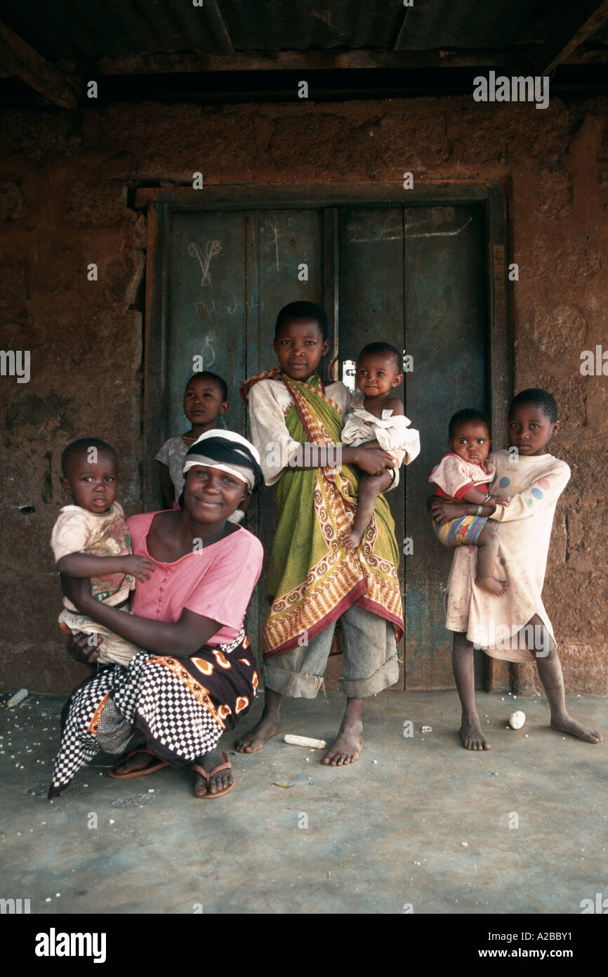 Mother with her six children on the veranda of her house, Himo ...