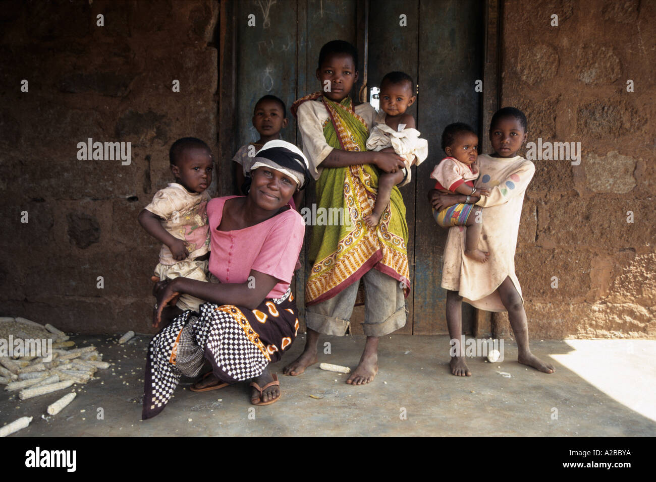 Mother with her six children on the veranda of her house, Himo ...