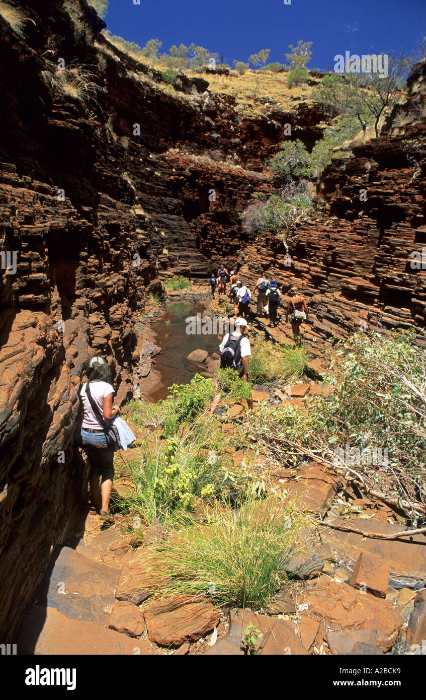 Hikers at Hancock Gorge, Karijini National Park, Hamersley Range ...