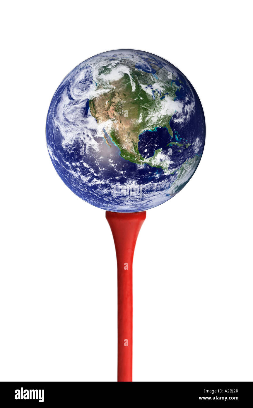Planet earth on red golf tee Stock Photo - Alamy
