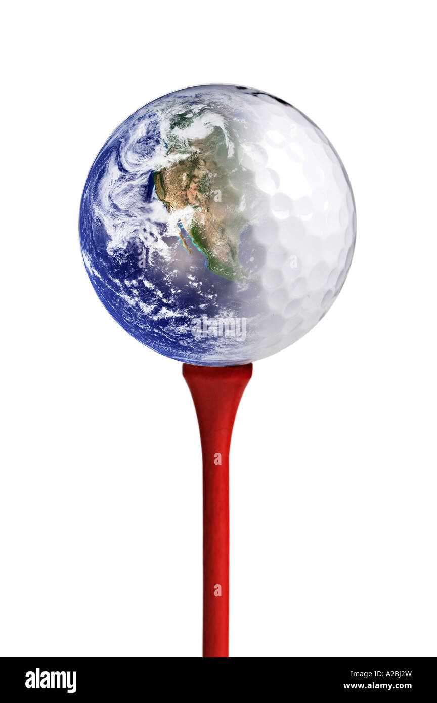 Planet earth on red golf tee Stock Photo - Alamy