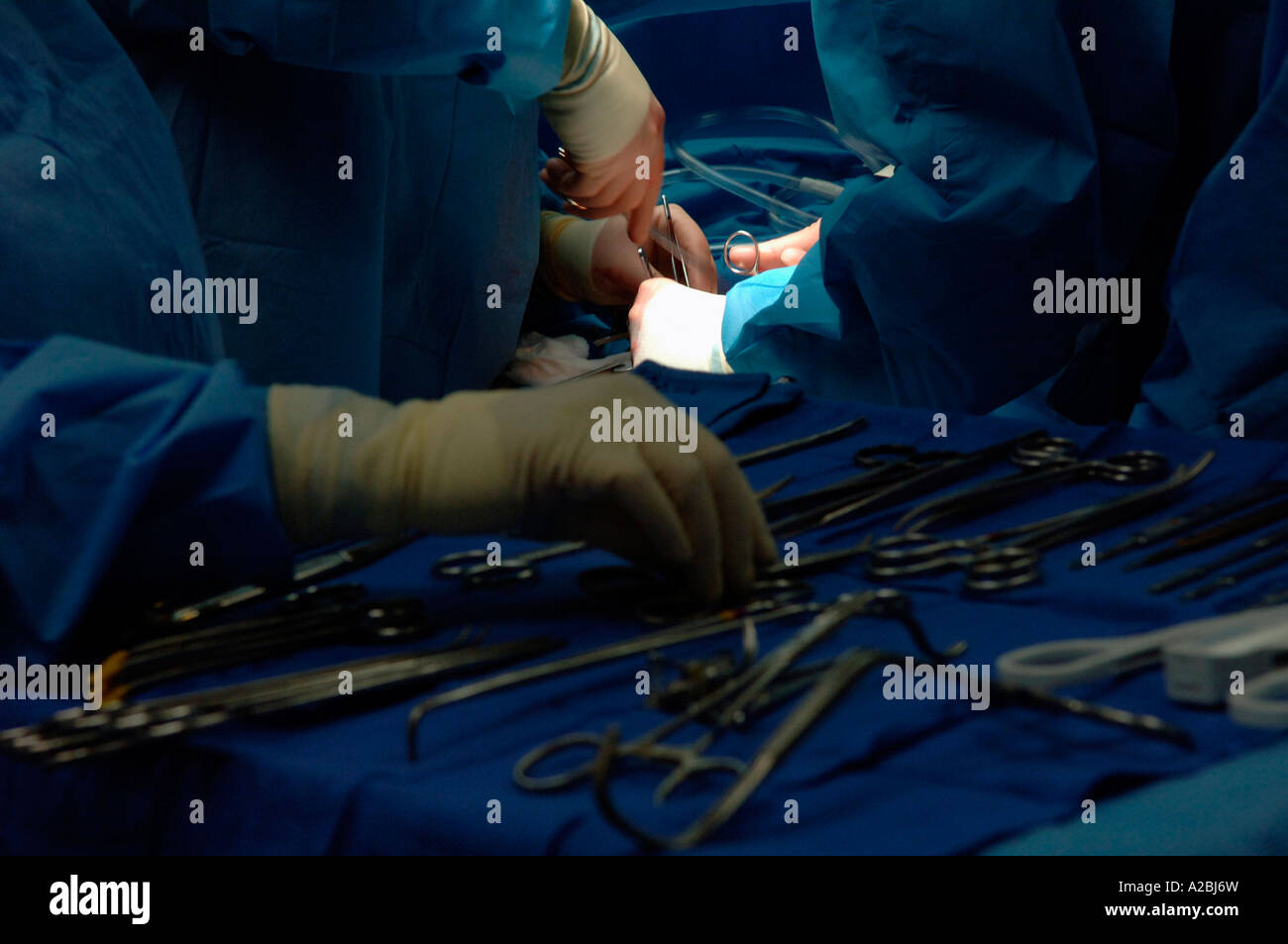 Forceps clamps and other surgical tools in an operating theater during ...
