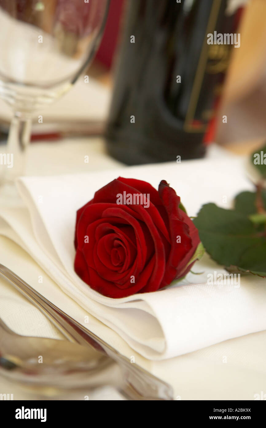 Red rose and table decorations at a formal wedding reception England UK ...