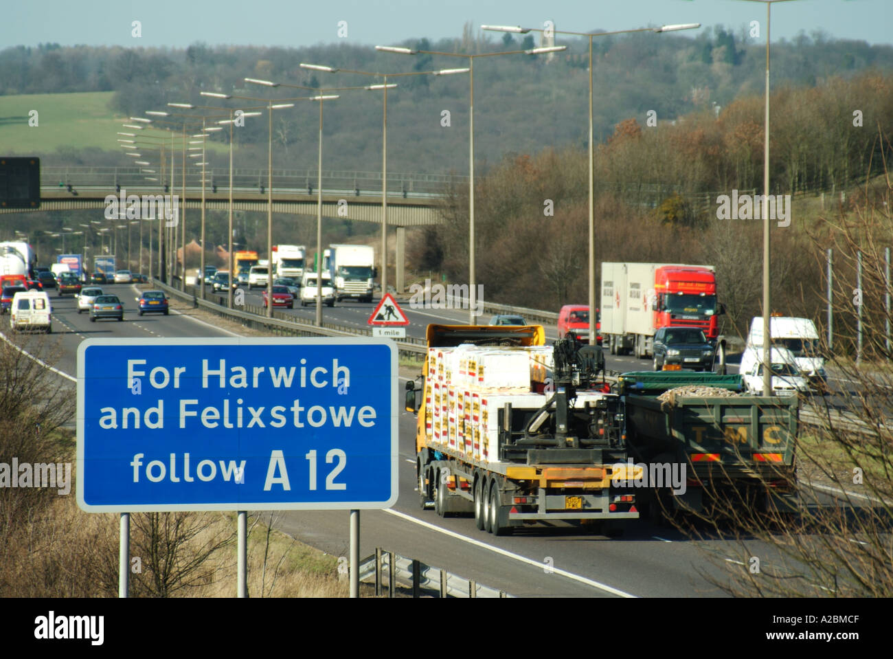 M25 motorway traffic sigb advising route for A12 Stock Photo - Alamy