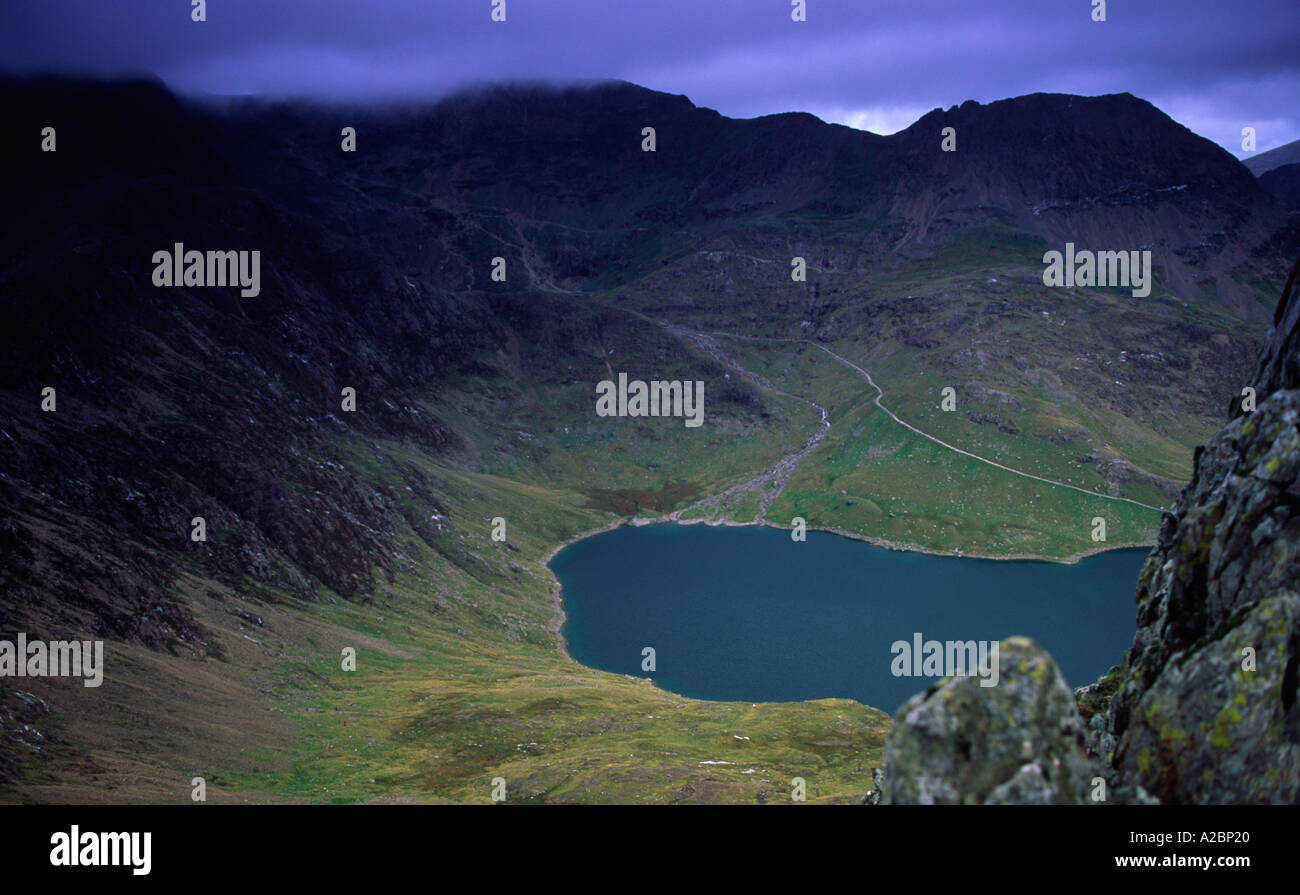 Glaslyn lake, source of the river Afon Glaslyn, in the Snowdonia ...