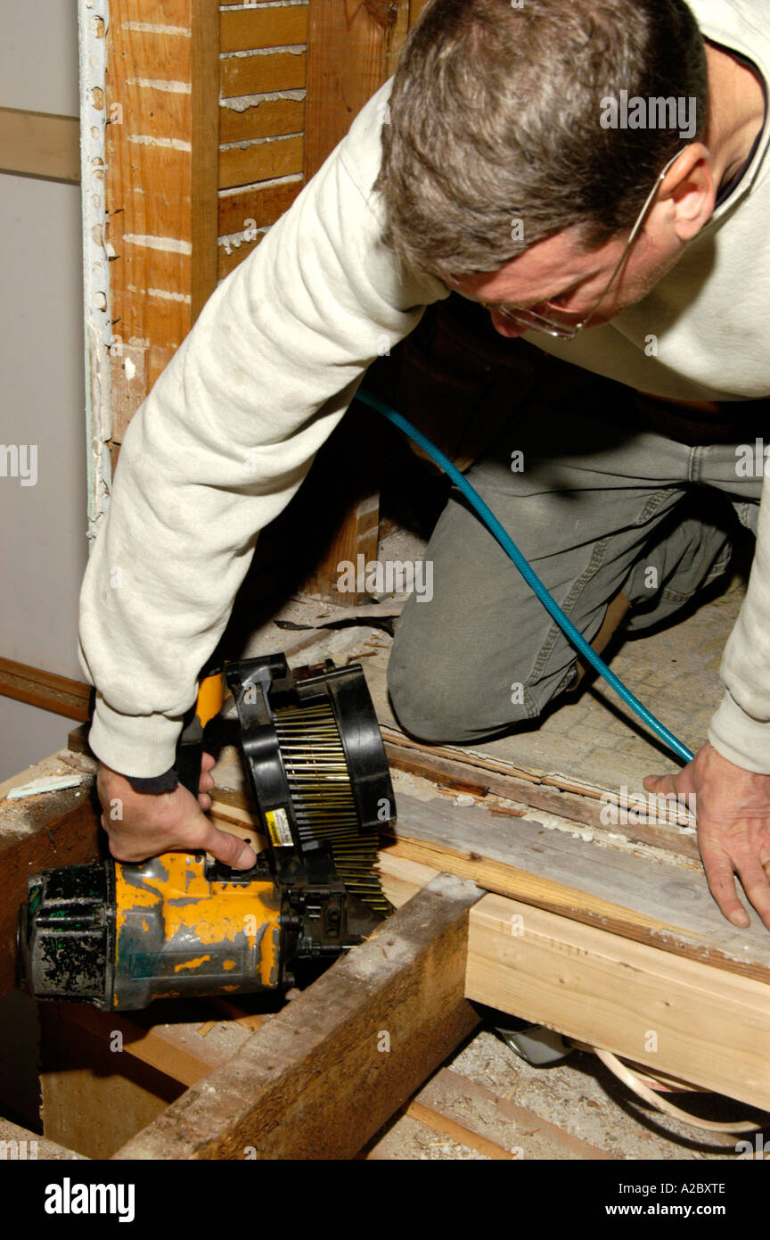 Carpenter using nail gun in remodeling project Stock Photo - Alamy