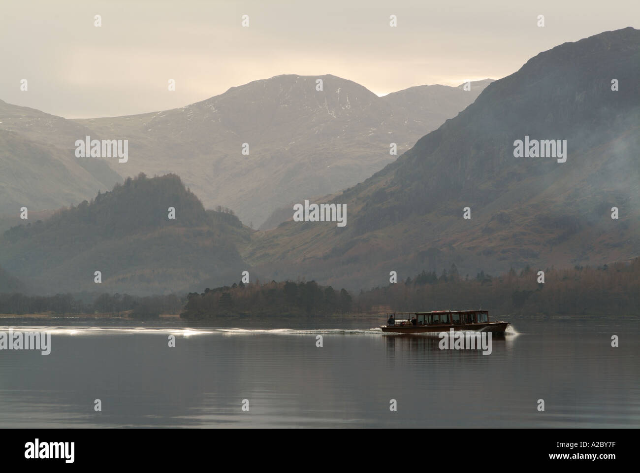 Small motor ferry on Derwent water near Keswick Cumbria Lake District ...