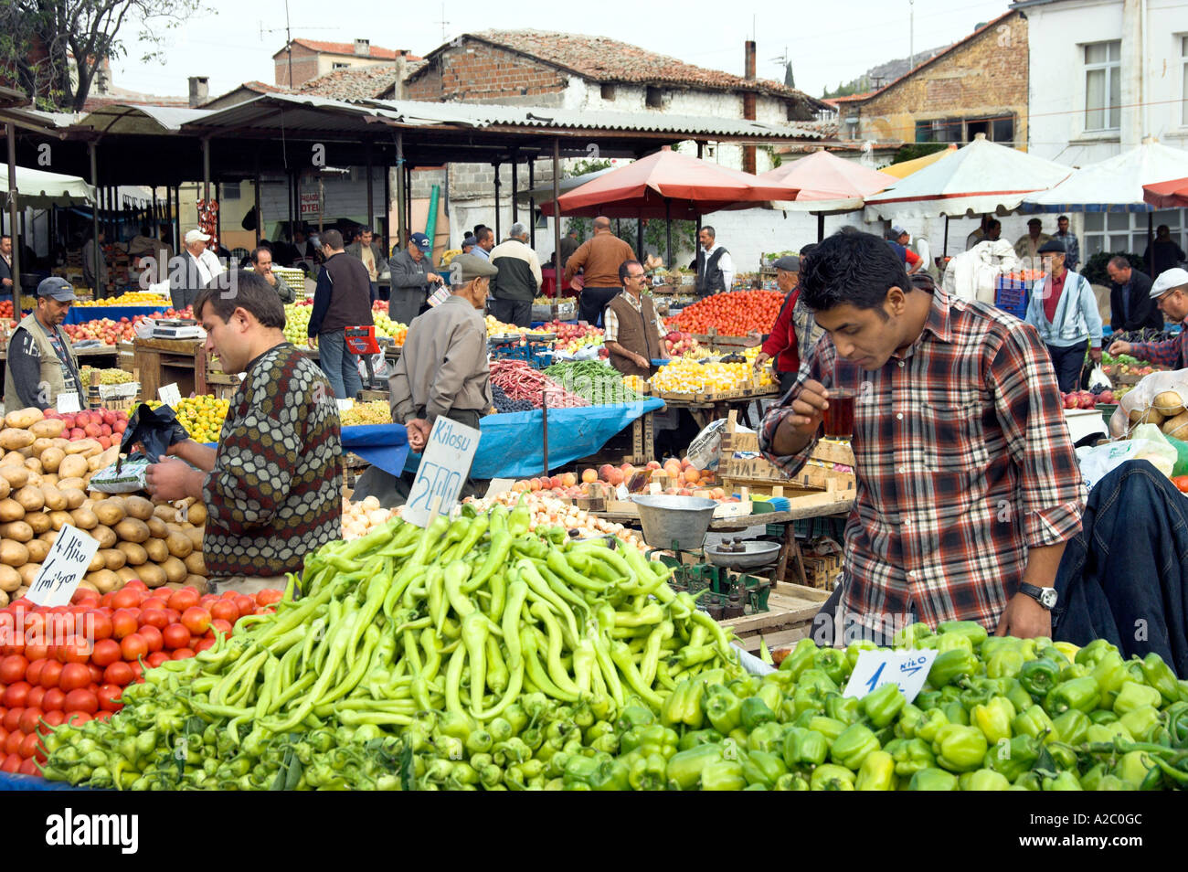 A colorful fruit and vegetable market display in Bergama, Turkey Stock ...