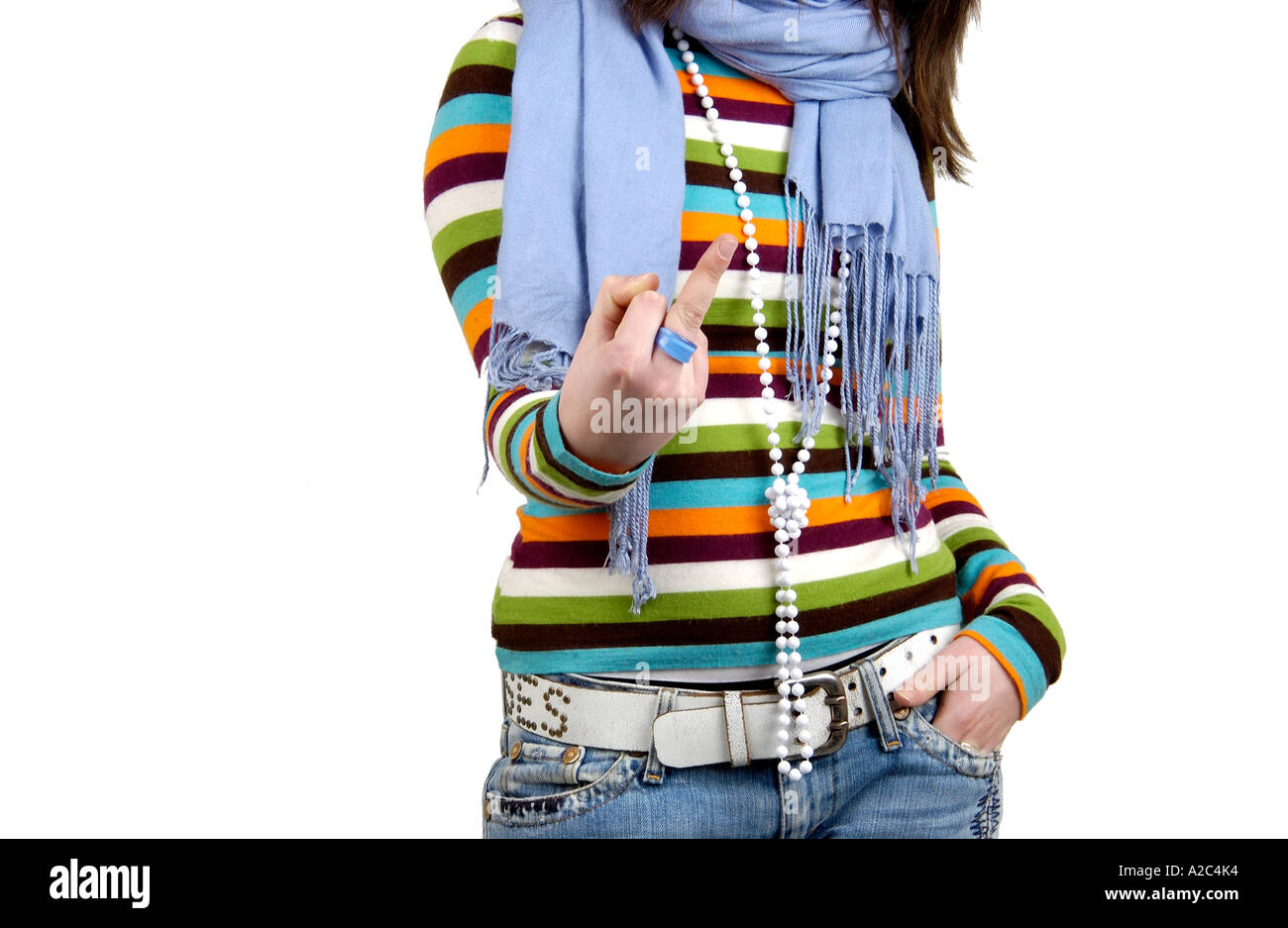 Teenage girl rebel giving a rude middle finger hand gesture Stock Photo ...