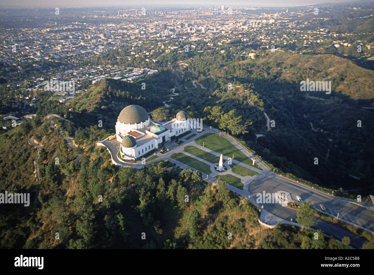 Horizontal shot aerial view of Griffith Observatory Hollywood ...