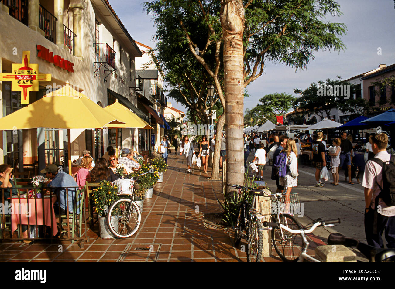 Horizontal shot of sidewalk and street full of shops and people ...