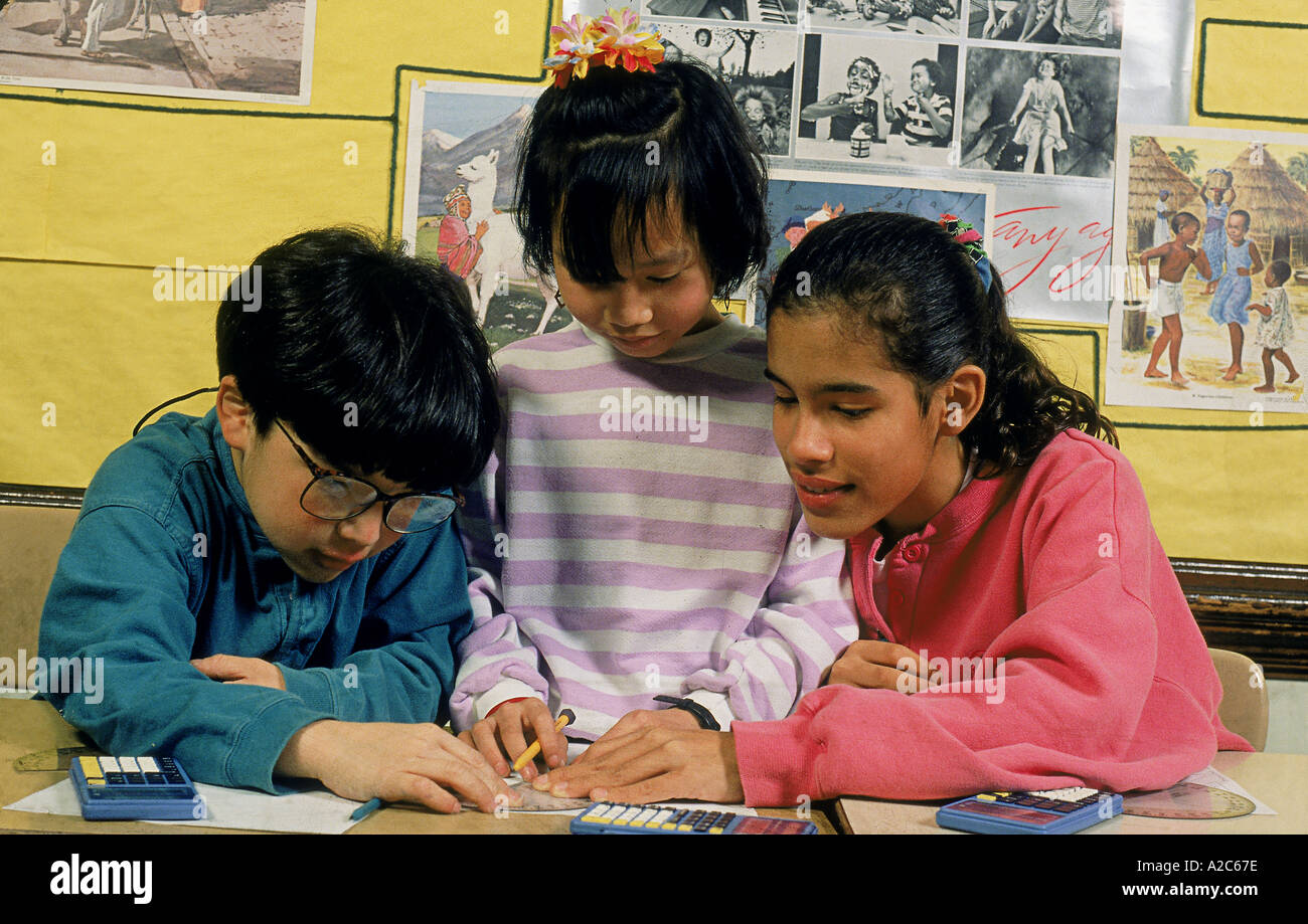 Horizontal shot of young multi racial students working together on ...