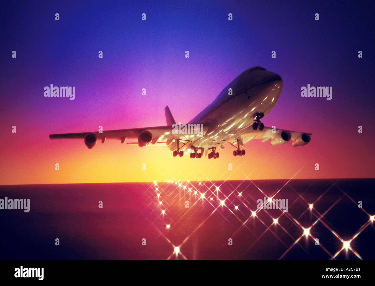 A Boeing 747 taking off with runway right underneath it and a purple ...