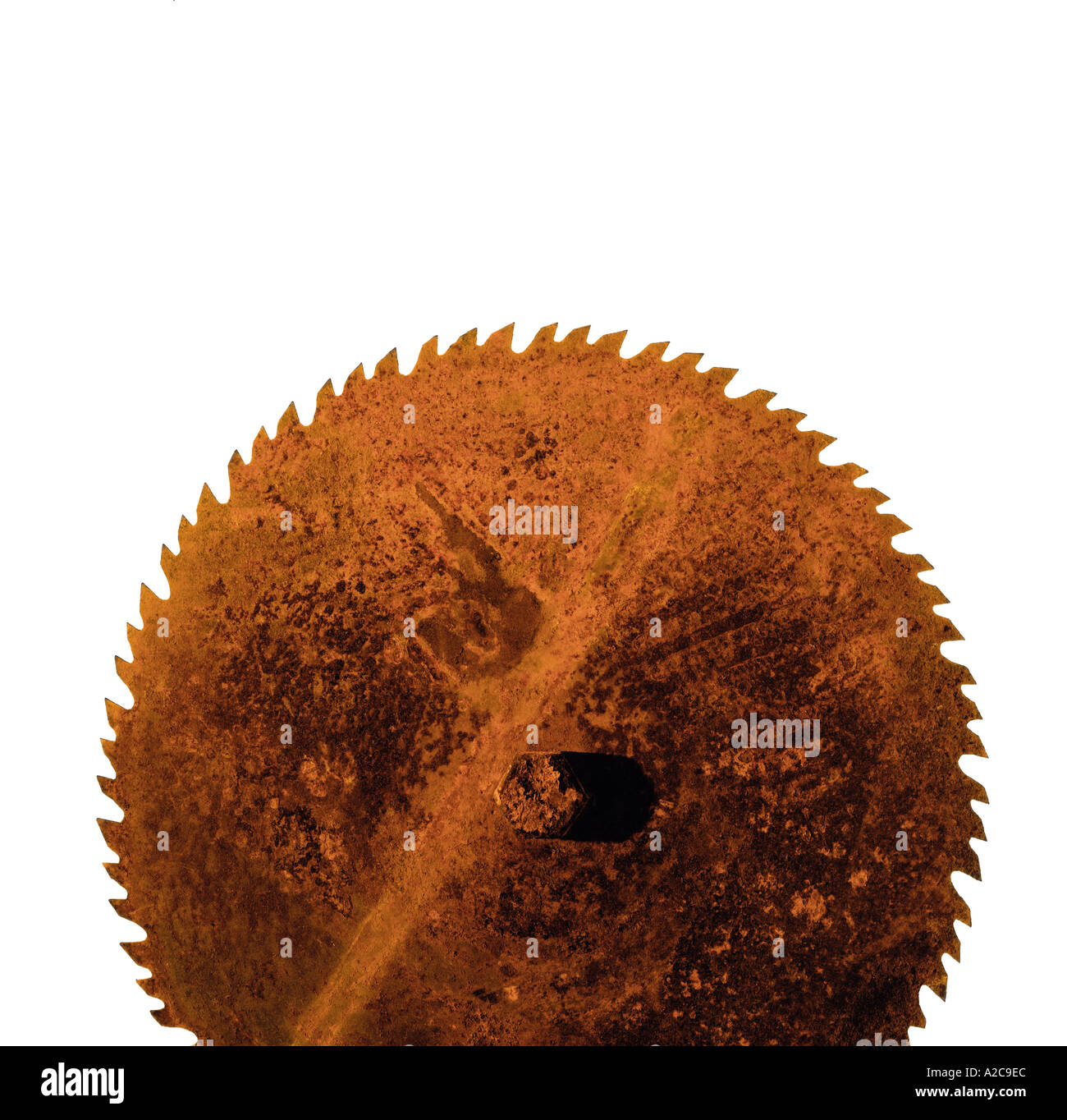 Rusted metal circular saw blade on white with oxidation patterns Stock ...